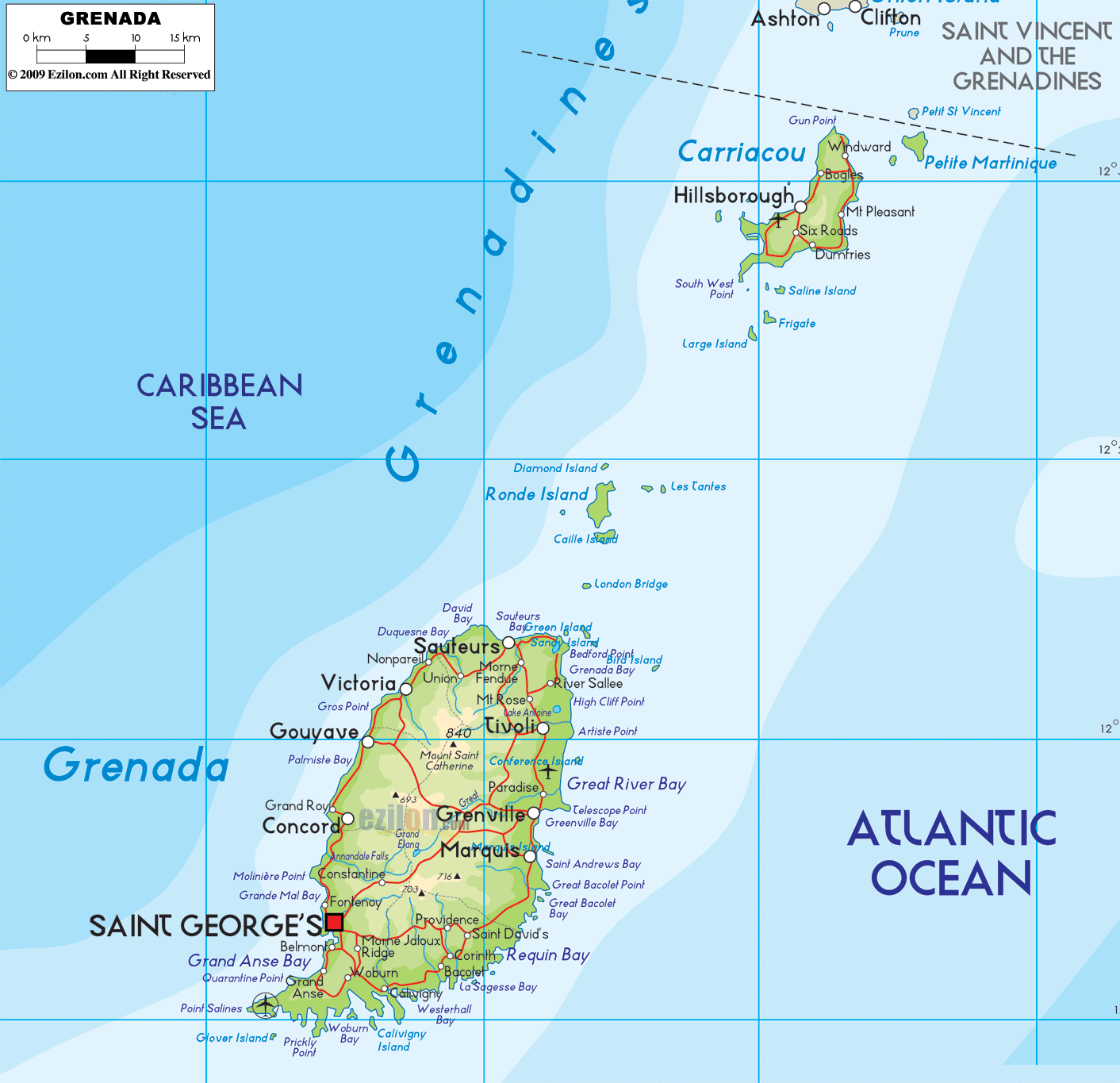 Grenada physical Map • mappery Grenada physical Map • mappery